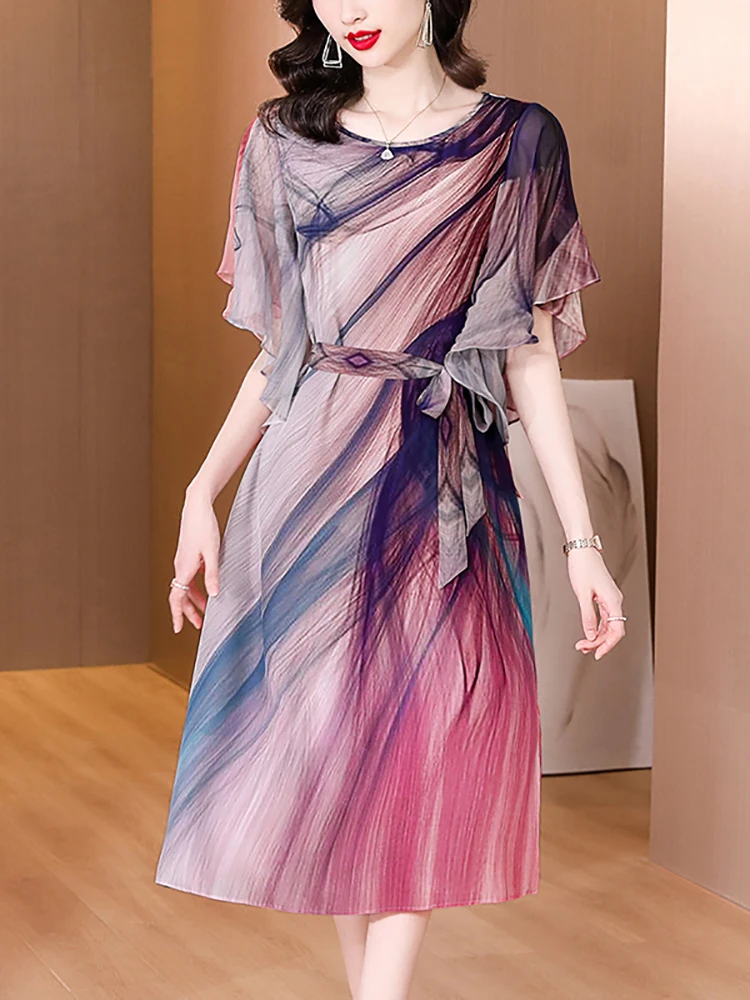 Women Pint Silk Fashion Light Midi Dress Summer Flare Sleeve Elegant ...