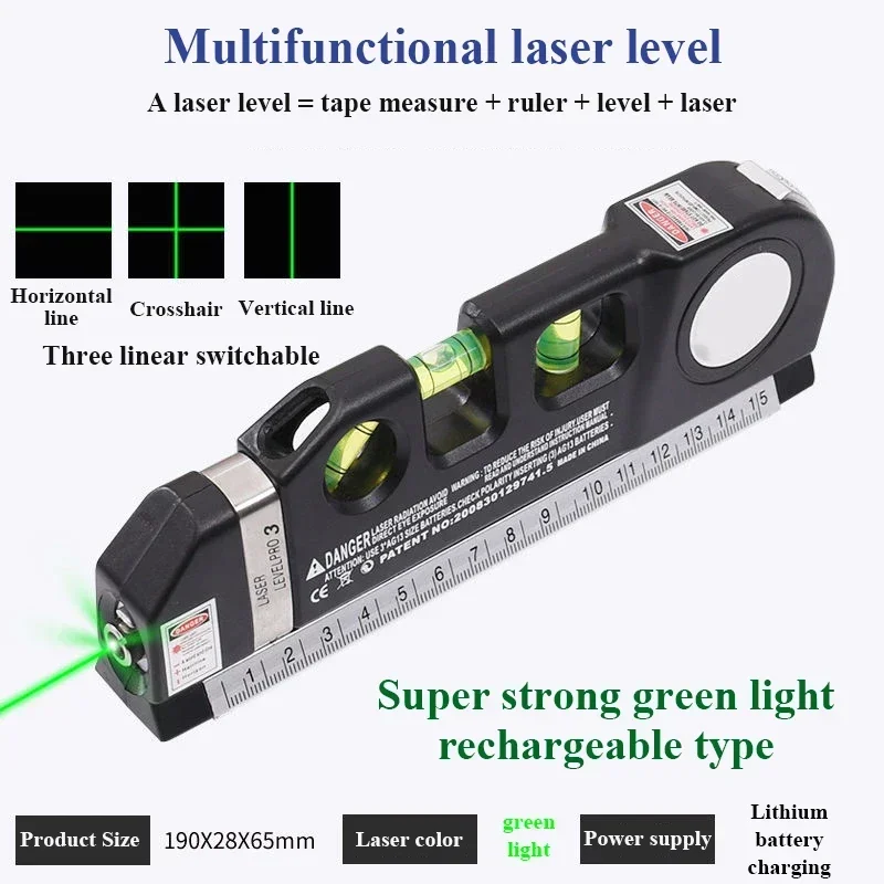 Green-light-Laser-Level-Vertical-Horizontal-2-Lines-Lasers-Ruler ...