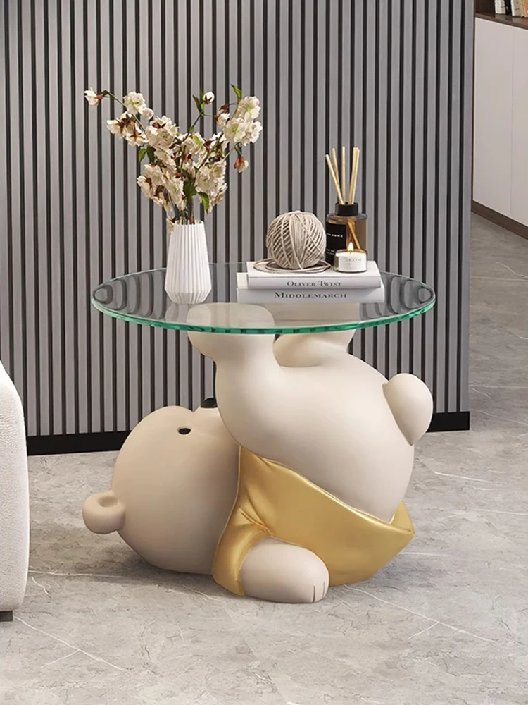 Home-Decor-Bear-Statues-Round-Glass-Side-Table-Nordic-Living-Room ...