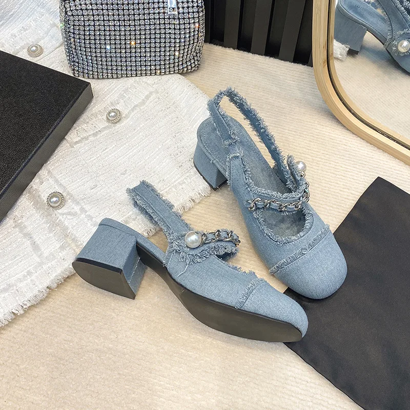 New-Closed-Square-Toe-Summer-Shoes-Ladies-Fashion-Denim-Women-Chunky ...