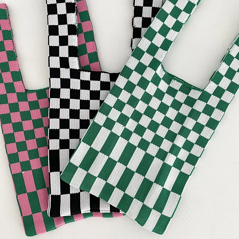 Knitting-Fabric-Women-Handbag-Chequer-Chess-Design-Eco-Small-Shopping ...