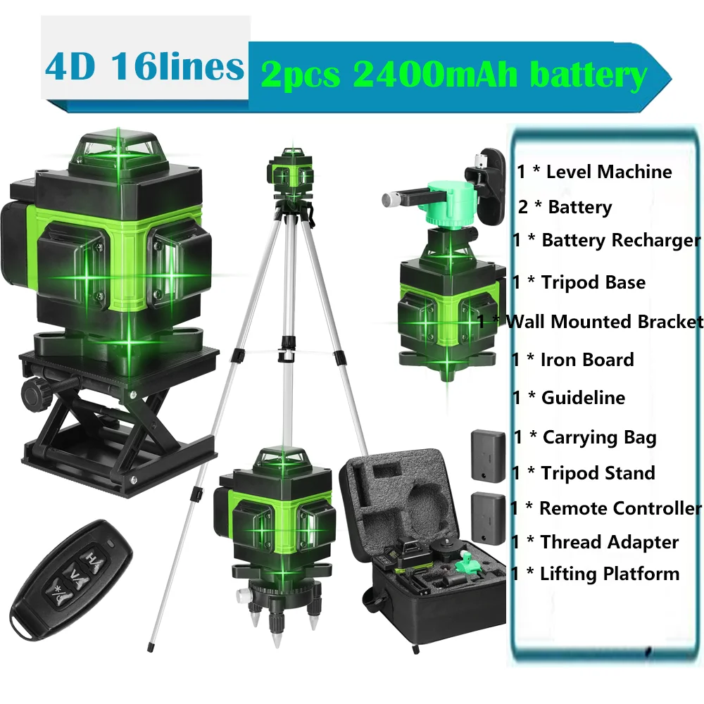 Nivel láser 4D de 16 líneas, máquina autonivelante de 3 °, herramienta de nivelación de batería ...