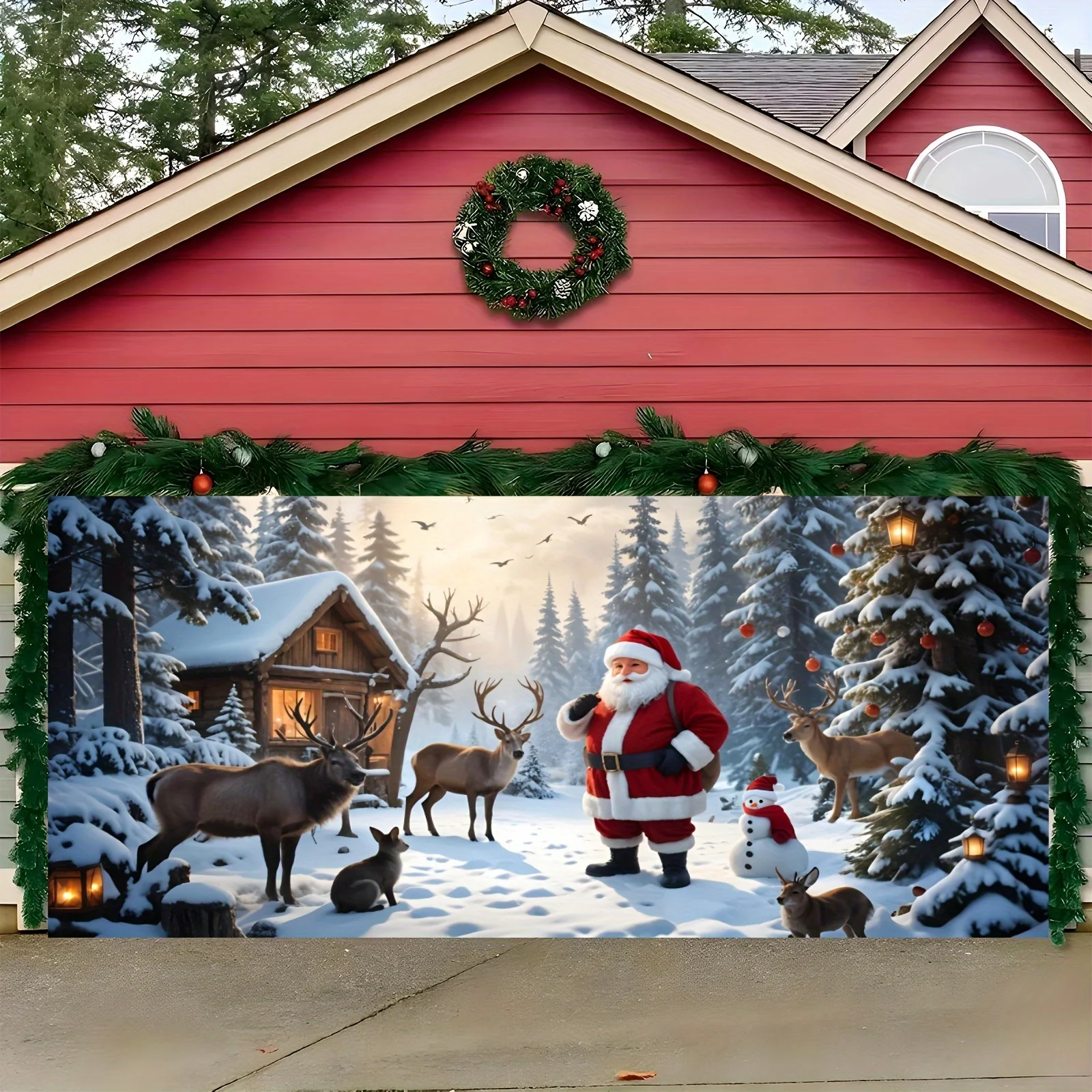 1 Christmas garage door banner, festive Santa Claus and reindeer scene ...