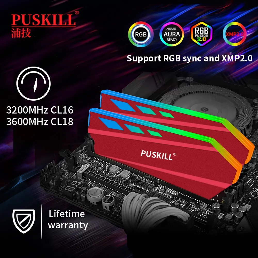 PUSKILL Memoria RGB RAM DDR4 8GBx2 16GBx2 3200MHz 3600MHz CL16 1.35V ...
