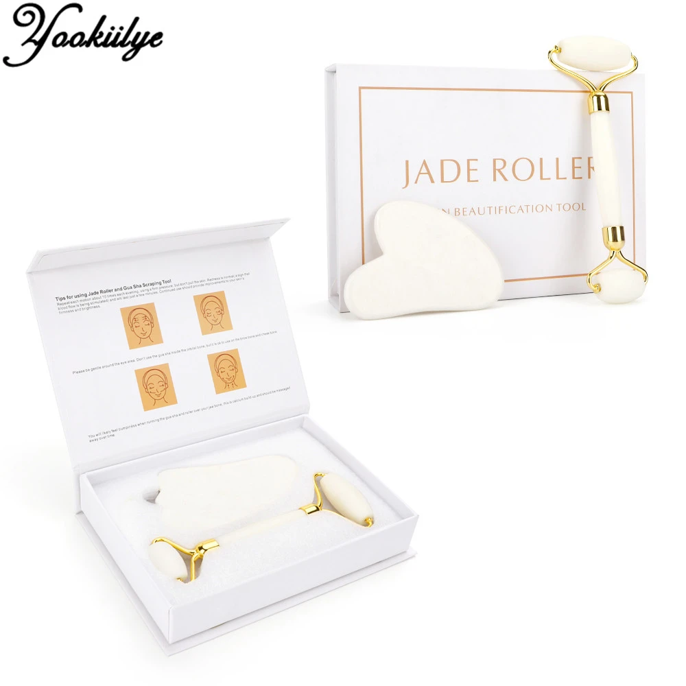 White Crystal Jade Roller Set Anti Wrinkles Face Lift Gua Sha Massager ...