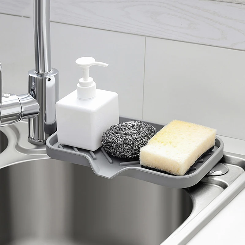 Sink-Silicone-Tray-With-Drain-Soap-Sponge-Storage-Holder-Countertop ...