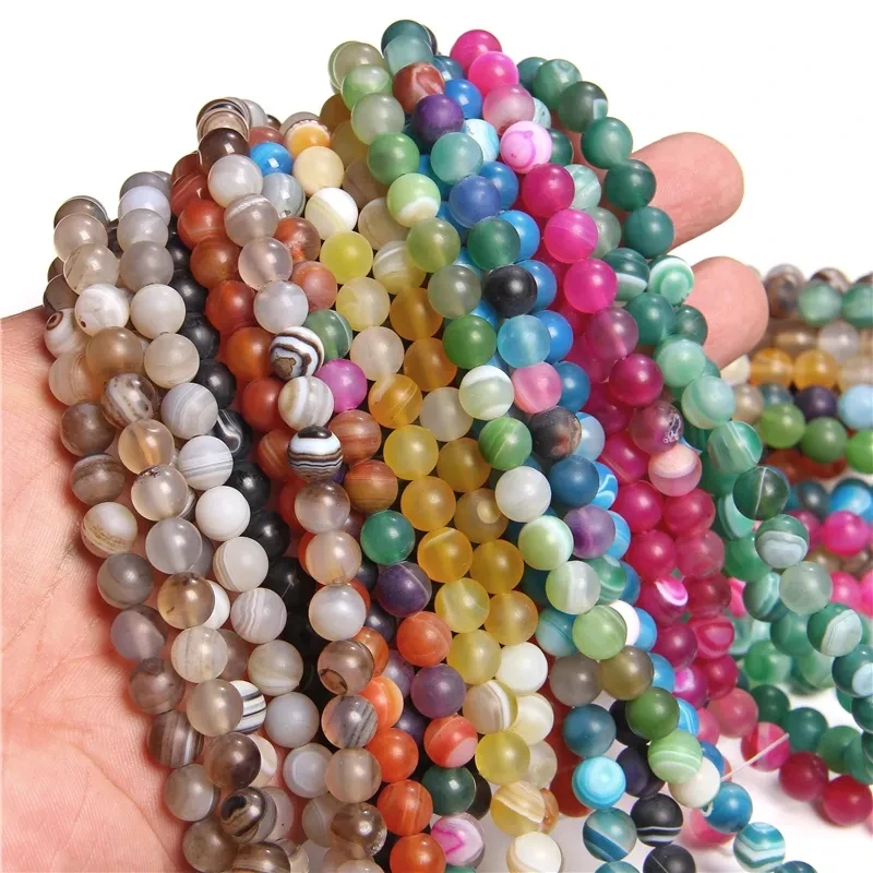Natural Frost Dull Polish Matte Stripe Agates Stone Beads Round Loose ...