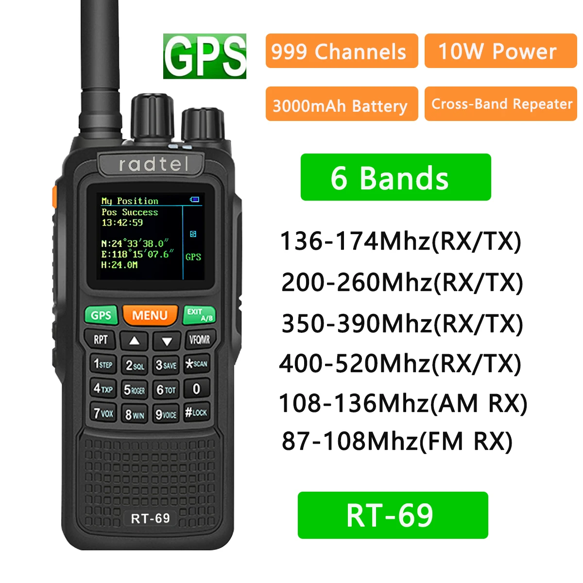 Radtel RT-69 GPS 10W 6 Bands Amateur Ham Two Way Radio 999CH Air Band ...