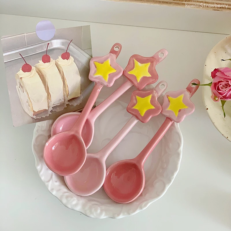 Kawaii-Star-Ceramic-Spoon-Cute-Ice-Cream-Dessert-Soup-Korean-Spoon-With ...