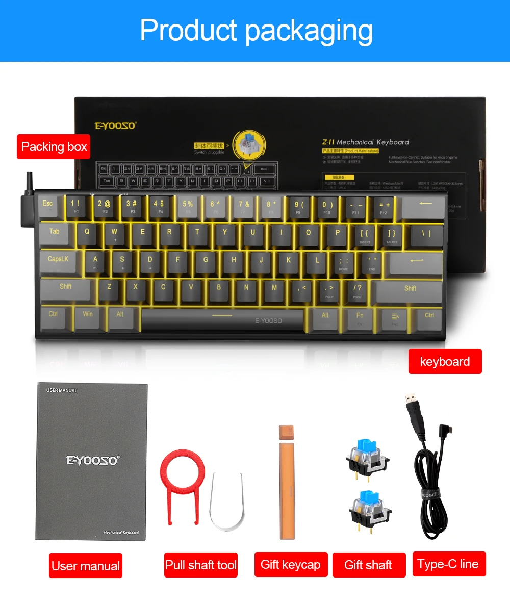 E-YOOSO Z11 USB 60% Mini Mechanical Gaming Keyboard Blue Red Switch 61 Keys Wired detachable ...