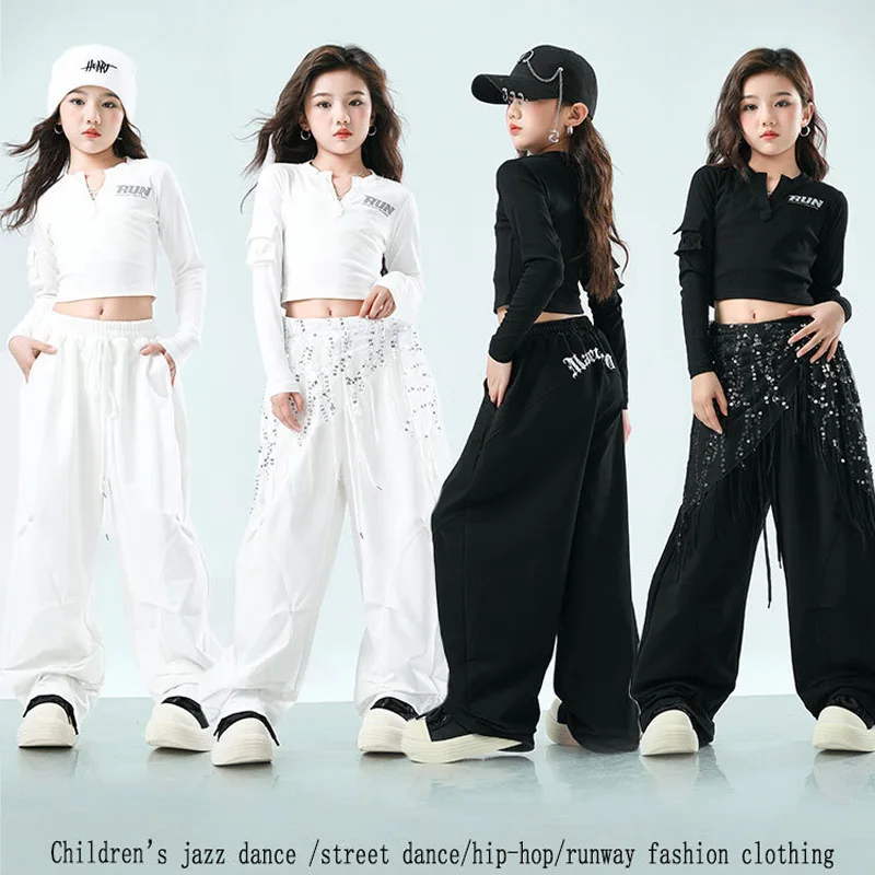 Girls Kpop Hip Hop Clothing White/Black Tops Pants Set for Kid Jazz ...