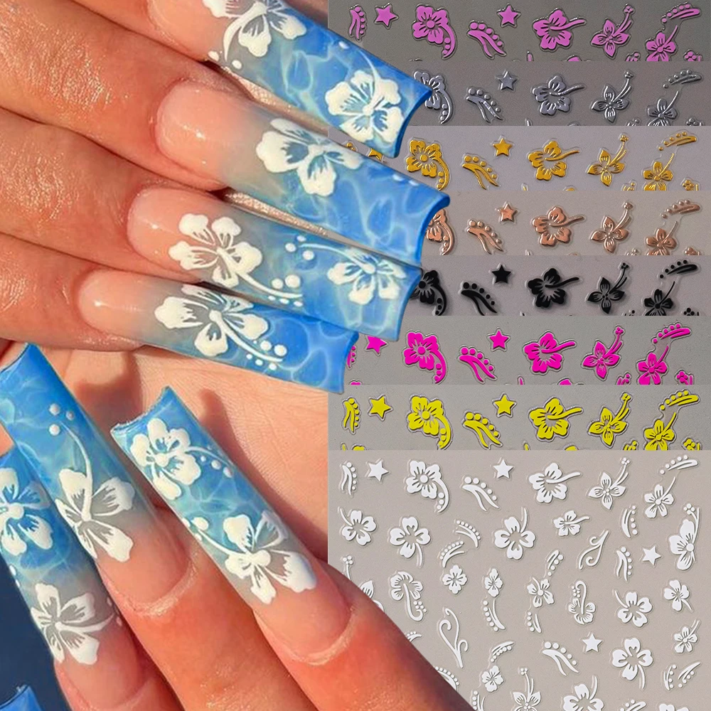 Autocollant-ongles-fleur-d-hibiscus-4-5-8-couleurs-rose-violet-blanc-or ...