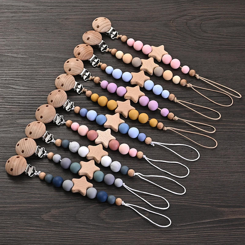 New-Baby-Pacifier-Chain-Clips-Wood-Pentagram-Teether-Silicone-Round ...