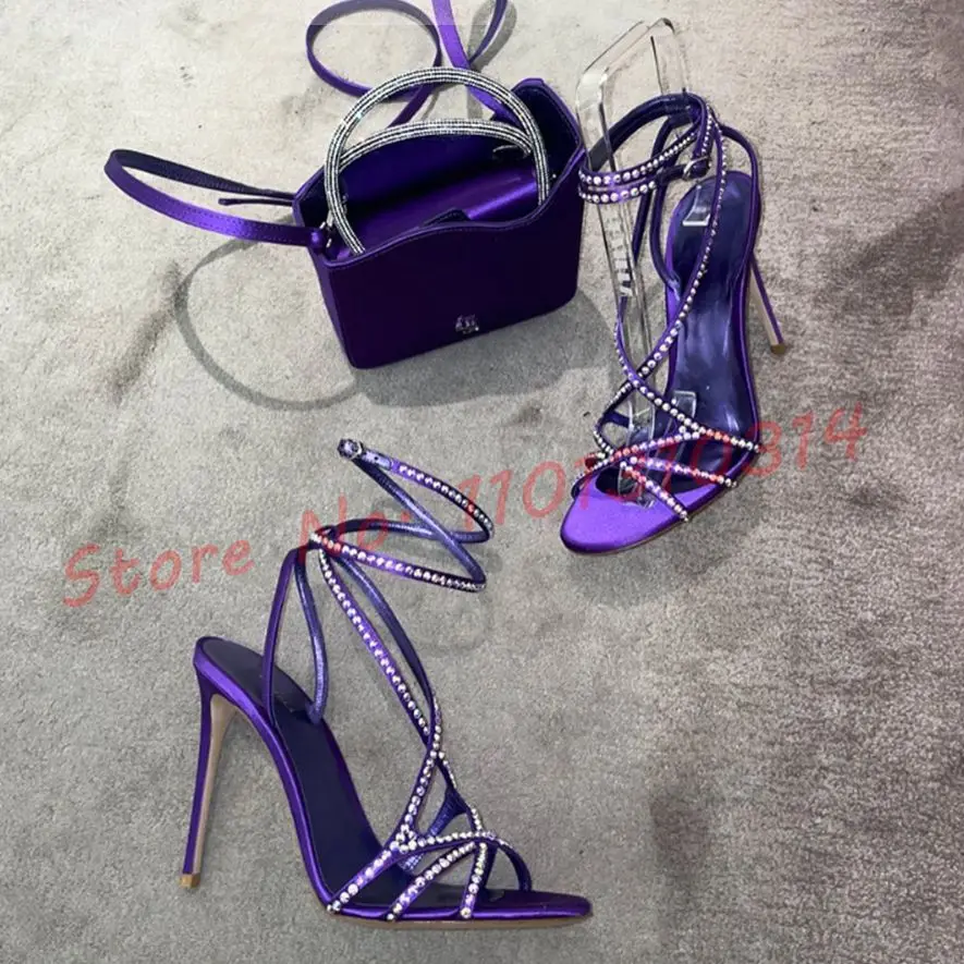 Purple Crystal Cross Heeled Sandals Women New In Luxury Shiny Leather ...