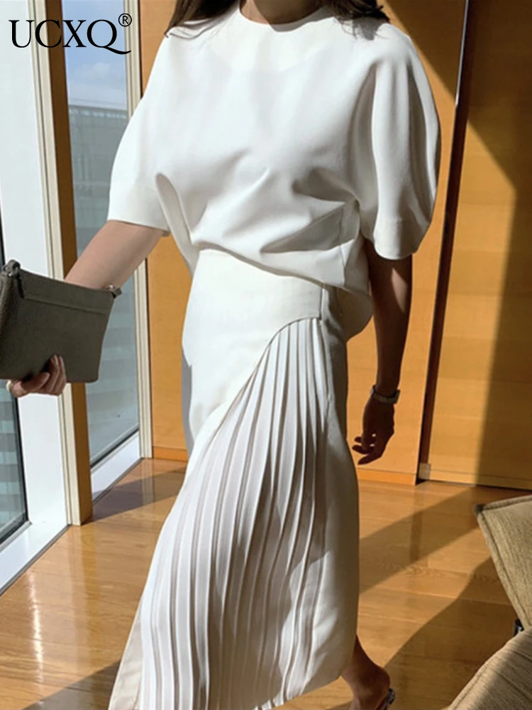 UCXQ-Women-s-Half-Puff-Sleeve-Shirt-Top-and-High-Waist-Pleated-Skirts-O ...