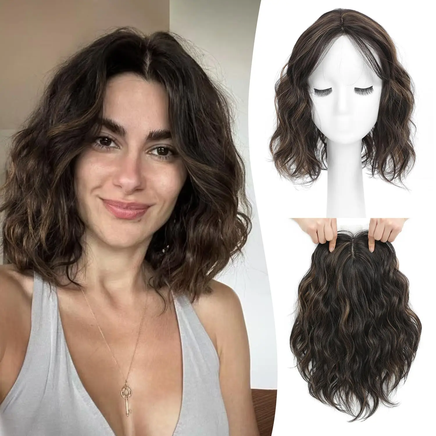 Dark Brown Wavy Hair Toppers With Bangs 12in Hairline Lace Synthetic ...
