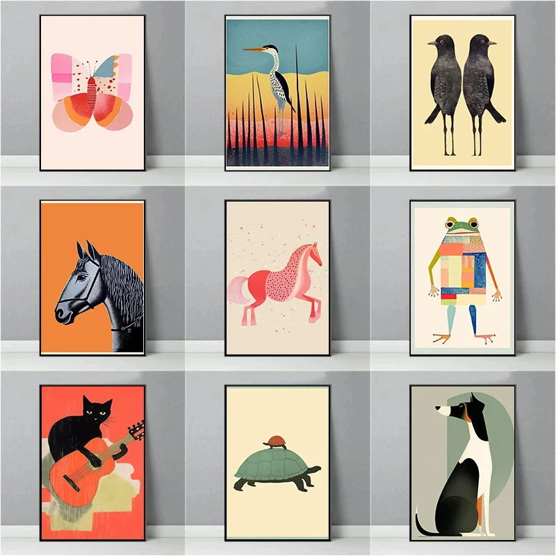 Abstract Cute Animal Poster Dog Turtle Frog Crow Nursery Illustration ...