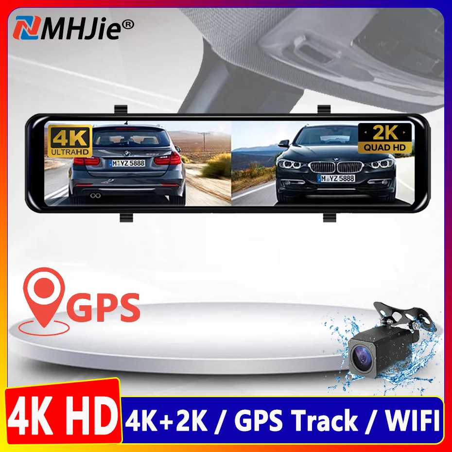 12" Front 4K 2160P Car Dvr Rear 2K 1440P Camera Rearview Mirror WIFI ...