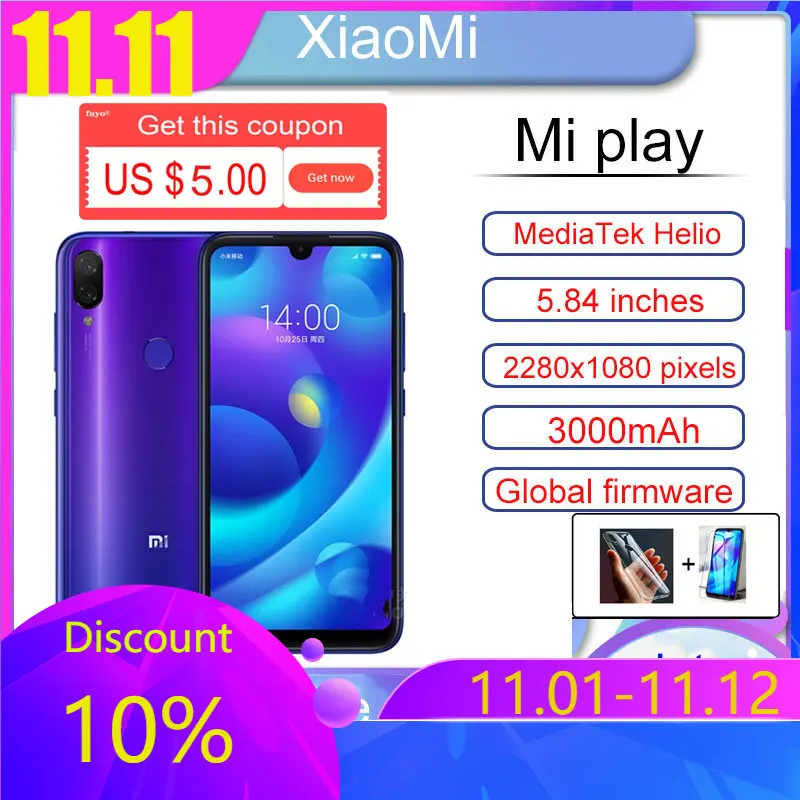 오리지널 샤오미 플레이 휴대폰, Mediatek MT6765, Helio P35, 1080X2280 픽셀 지능형 ...