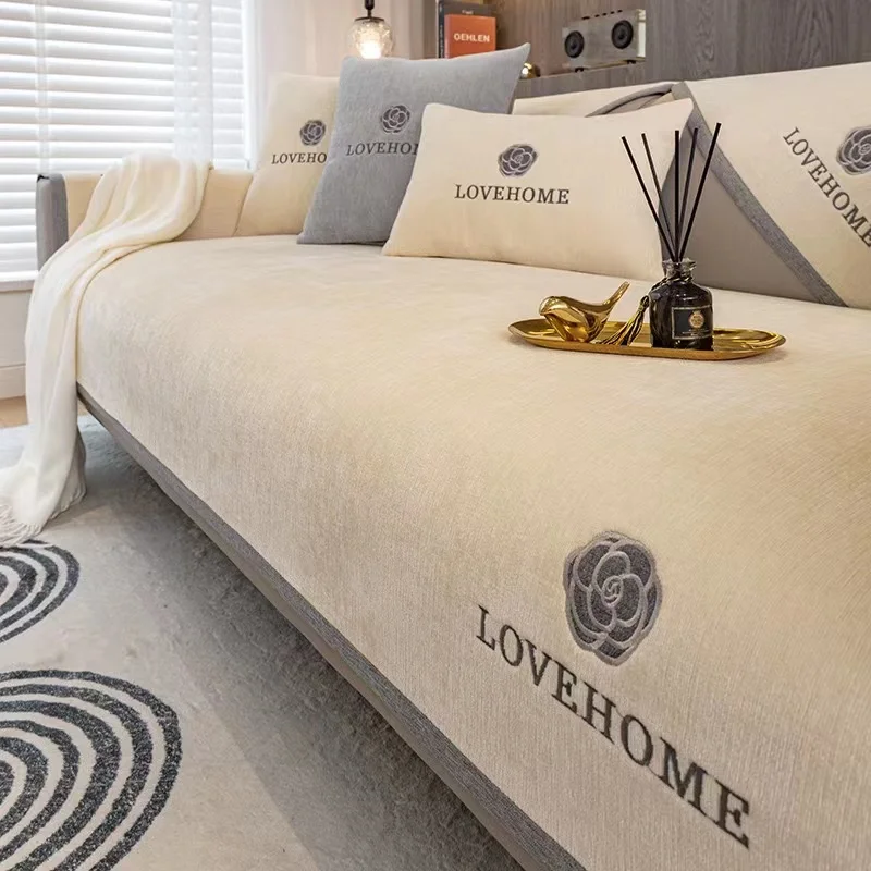 Luxury-Embroidery-Sofa-Cover-Soft-Chenille-Solid-Color-Couch-Cover-for ...