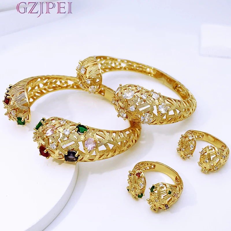 Luxury Women Bracelet Ring Set Zircon Cuff Bangle 18K Gold Plated Dubai ...