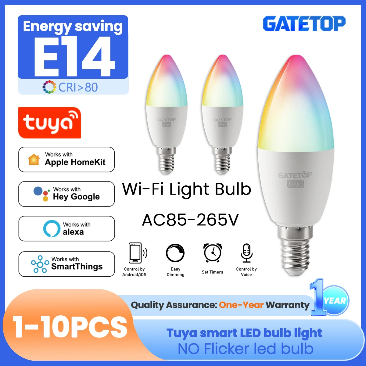 1-10PCS LED Candle Tuya Bulb WiFi E14 Smart RGB CW AC 85-265V 6W LED ...