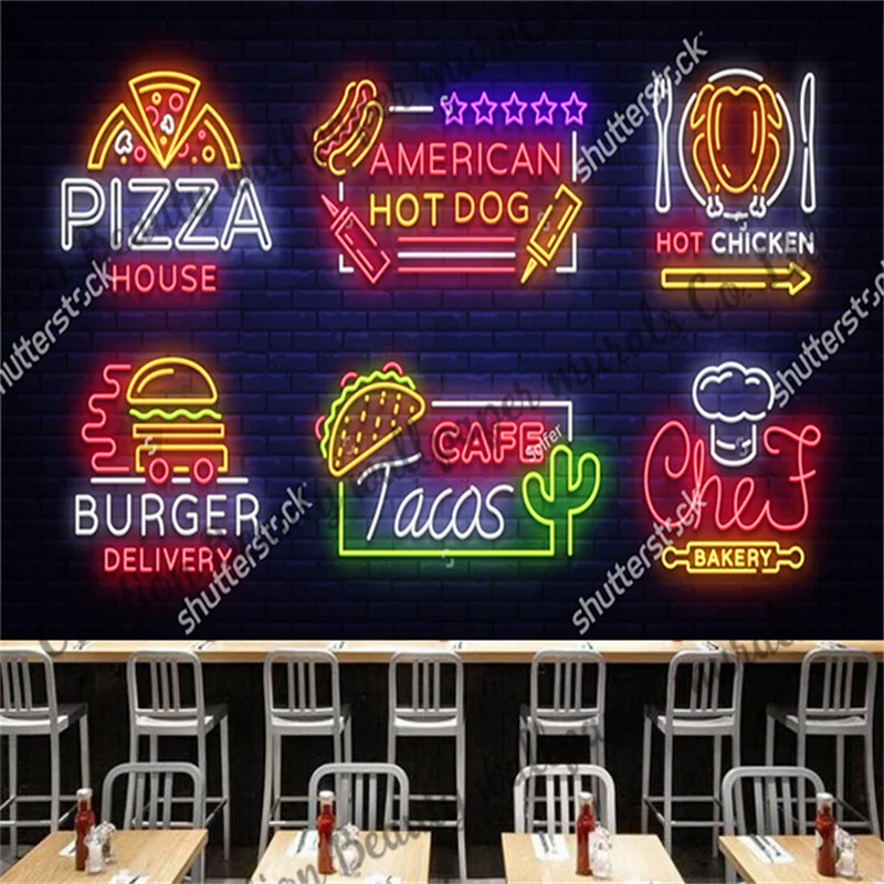 Custom Neon Fast Food Wallpaper Burger Pizza Taco Mural Industrial ...