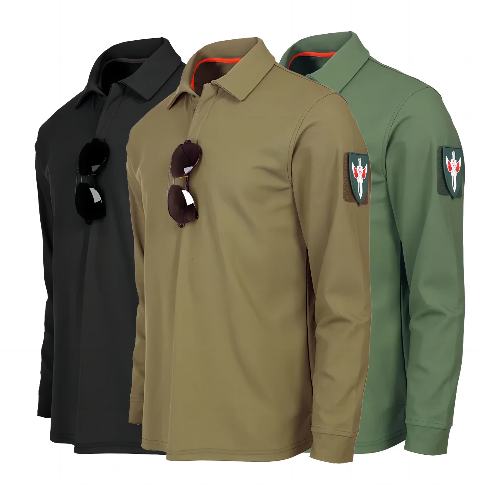 Mens-100-Polyester-Long-Sleeve-Polo-Shirt-Summer-Quick-Dry-Solid-Army ...