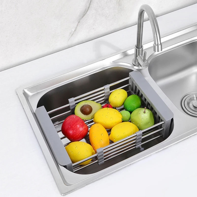 Stainless-Steel-Tableware-Drain-Basket-Adjustable-Fruit-Vegetable ...