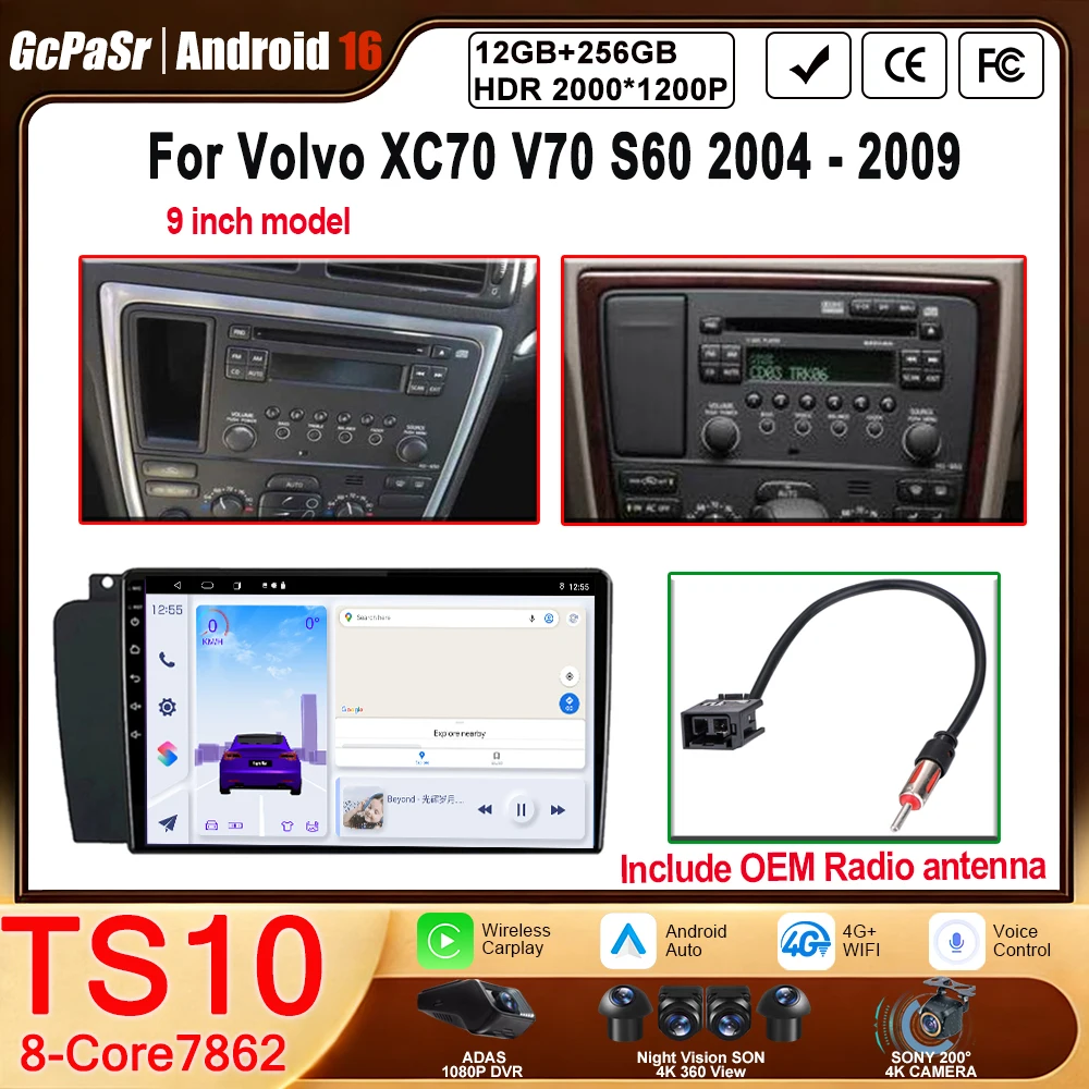 Android 15 CarPlay For Volvo XC70 V70 S60 2005 - 2008 2K QLED Car Radio ...