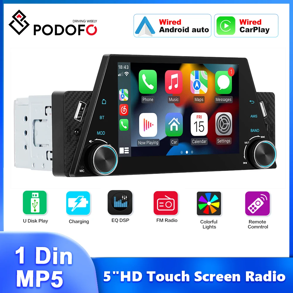 Podofo-Wired-Carplay-1Din-MP5-Player-Wired-Android-Auto-5inch-MP5 ...