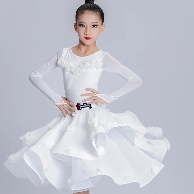 White Long Sleeves Latin Dance Dress Kids Performance Dress For Girls ...