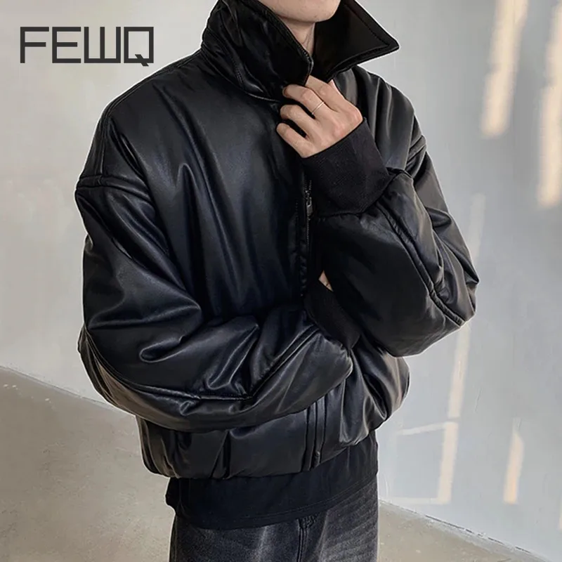 FEWQ-Short-Shoulder-Men-PU-Leather-Cotton-Jacket-Solid-Color-Turn-dwon ...