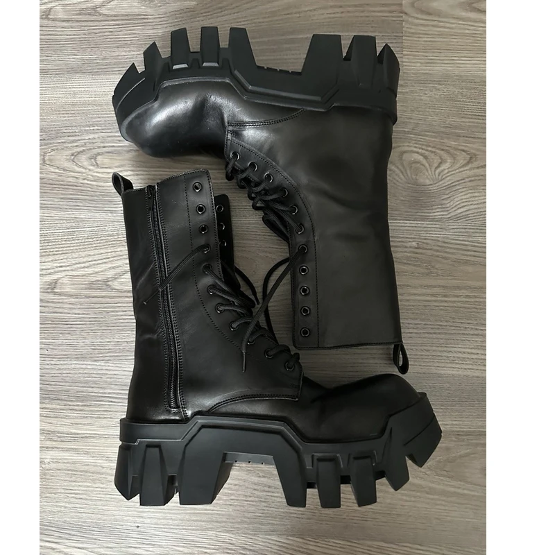 Round Toe Lace-Up Sawtooth Platform Mid-Calf Boots Woman Winter 2026 ...
