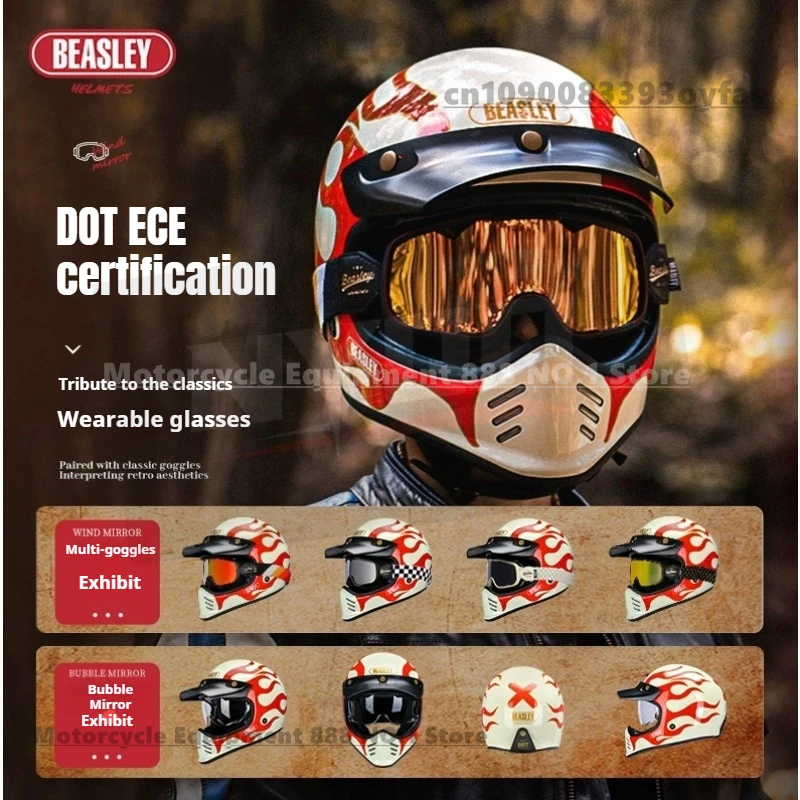 Beasley Retro Motorcycle Helmet DOT ECE Certification Racing Anti-glare ...
