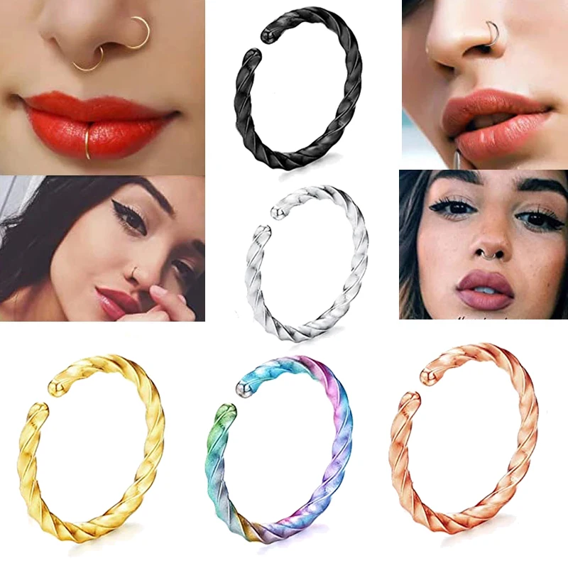 2pcs 20G Twist Thin Fake Nose Ring Septum Helix Nostril Piercing Labret ...