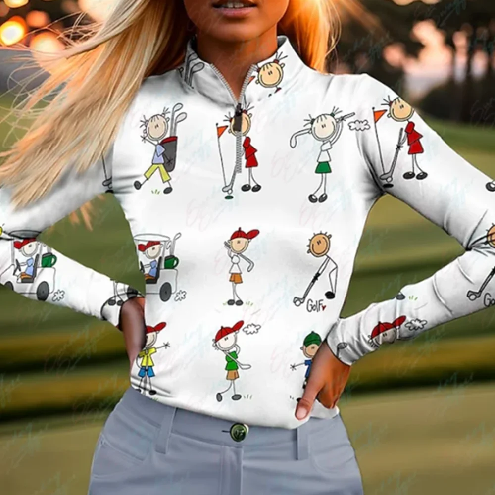 2024 new women's long-sleeved golf Polo shirt cute cartoon print ...