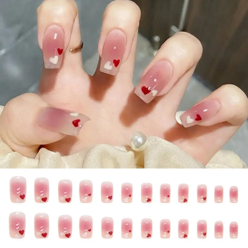 24PCS-Box-Artificial-Nails-With-Glue-Milky-White-Pink-Gradients-Long ...