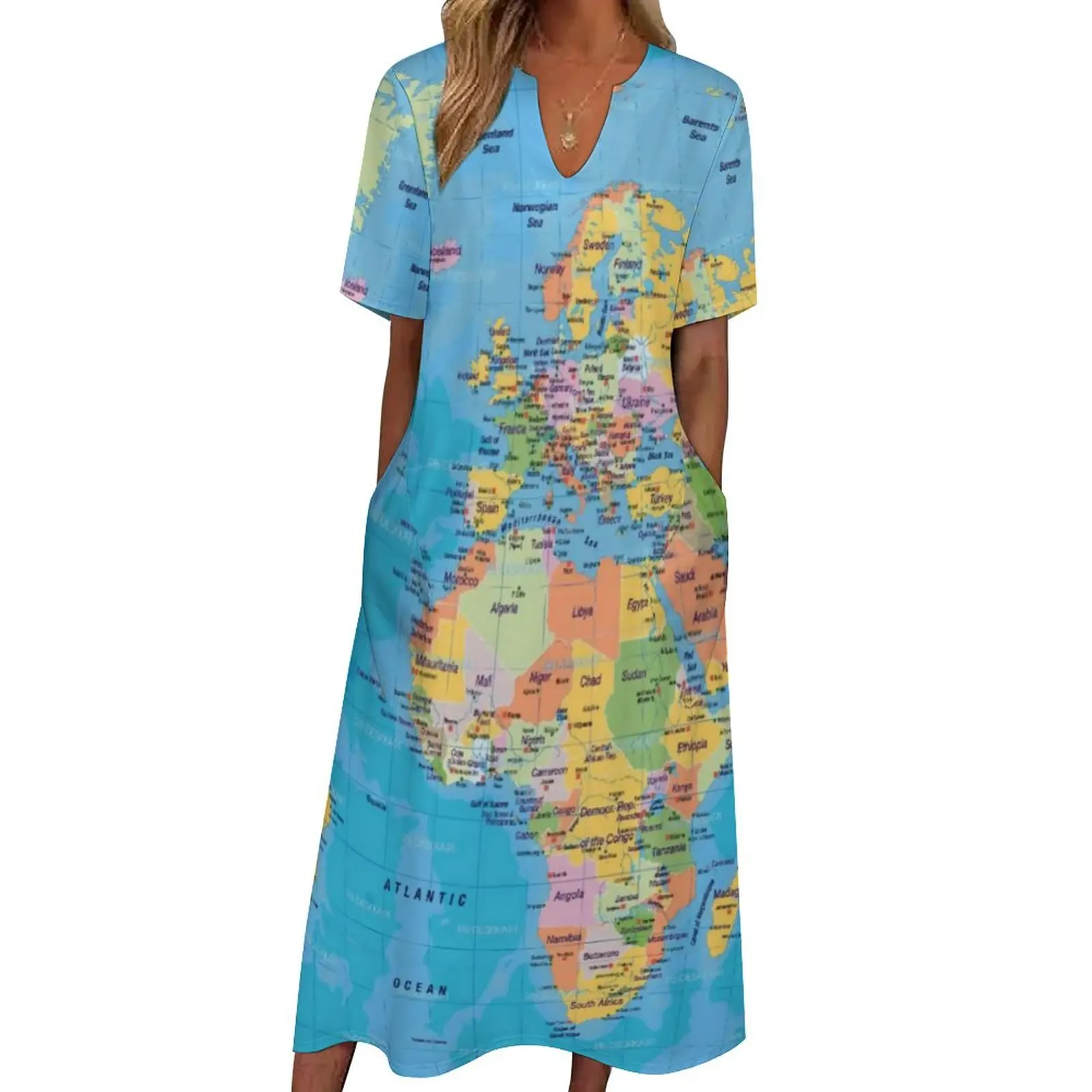 Earth Map Dress Summer World Maps Print Korean Fashion Bohemia Long ...