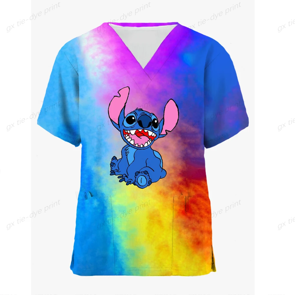 Women-s-Uniform-V-neck-Scrubs-Tops-Spa-Uniform-Pocket-Disney-Stitch ...