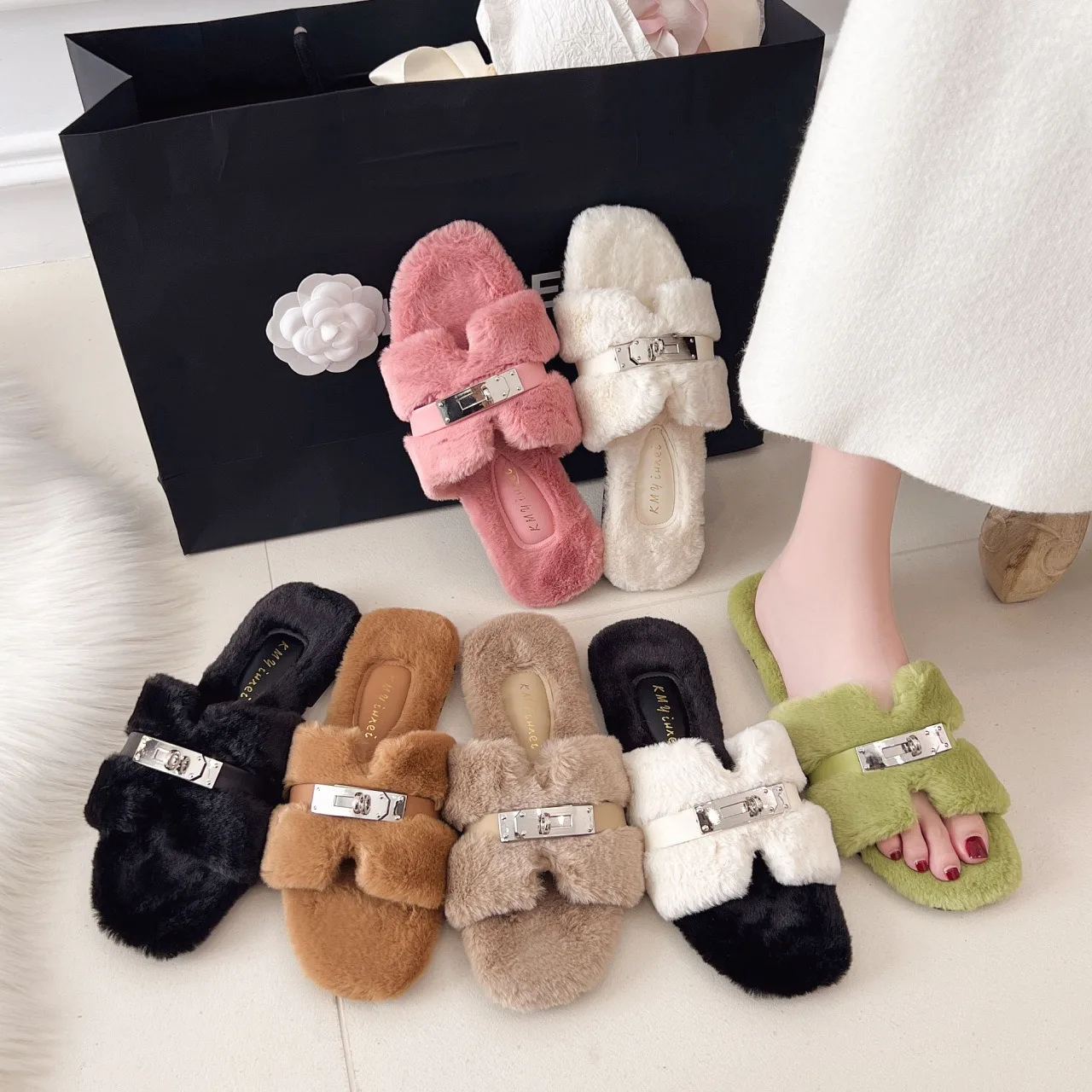 button luxury designer winter fur slippers woman house shoes for woman ...