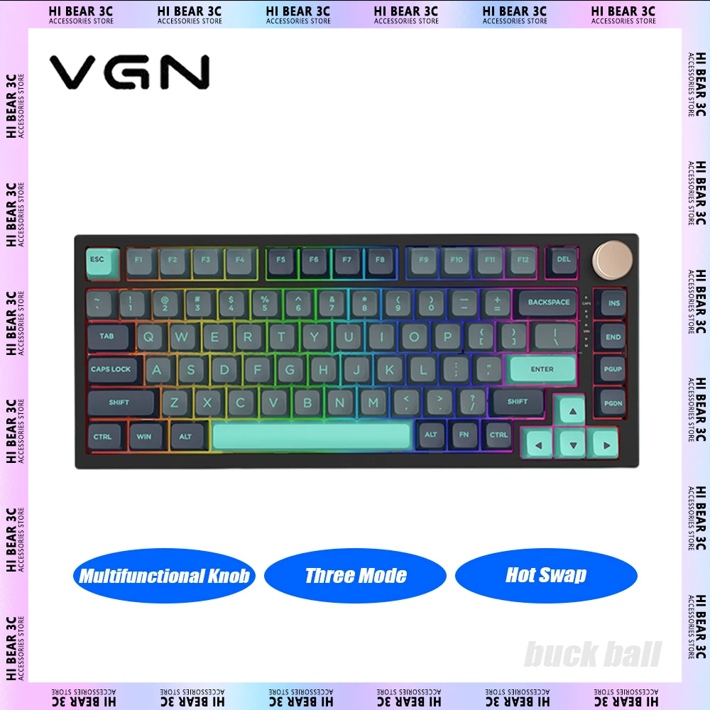 VGN N75 무선 기계식 키보드, 다기능 노브, 3 가지 모드, 핫 스왑 게이밍 82 키, 다이나믹 - 티몬