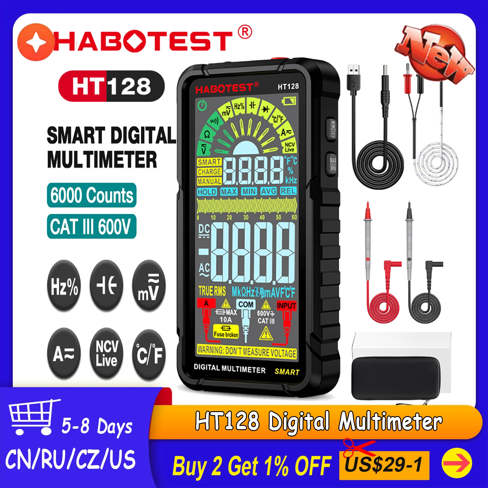 HABOTEST-HT128-Digital-Multimeter-6000-Counts-Smart-Measurement-Auto ...