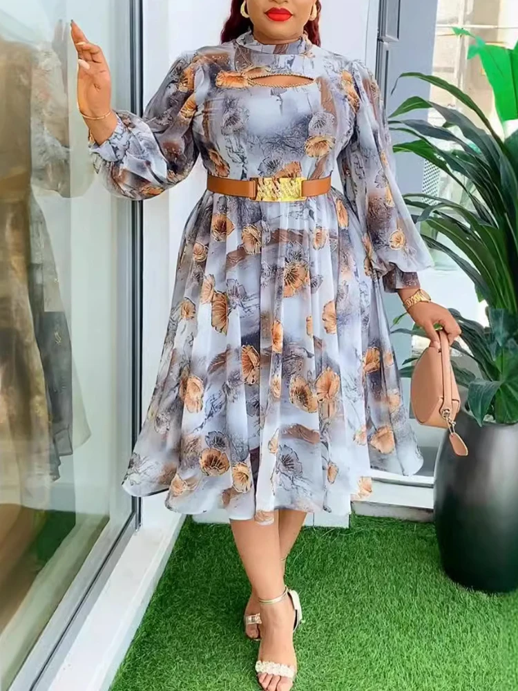 Women-Printed-A-Line-Dress-Long-Lantern-Sleeves-Cut-Out-Chest-Female ...