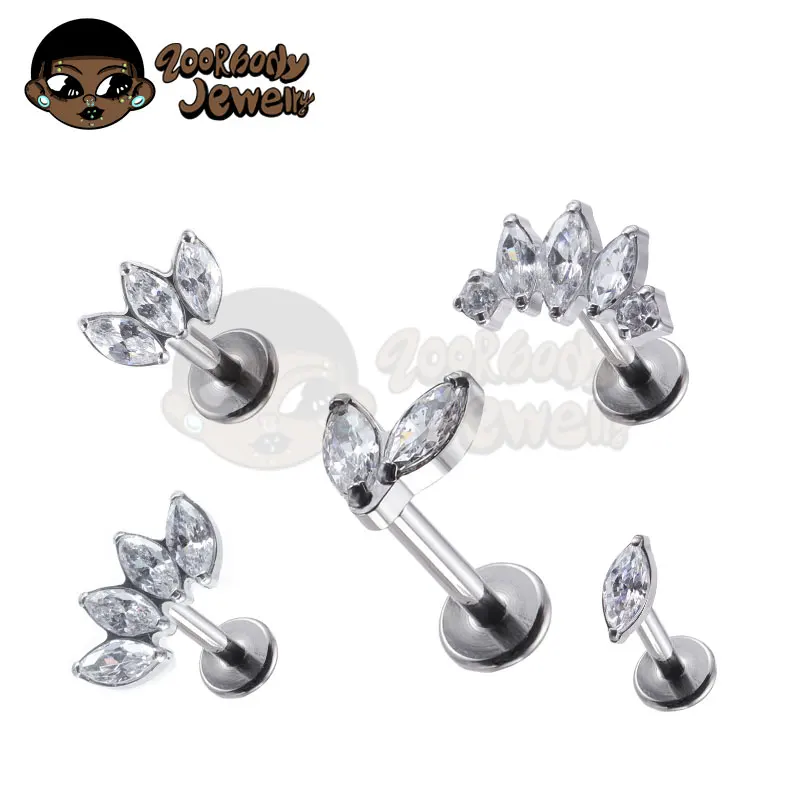 ASTM F136 Implant Grade Titanium Triple Marquise CZ Internally Threaded Labret Monroe Lip ...