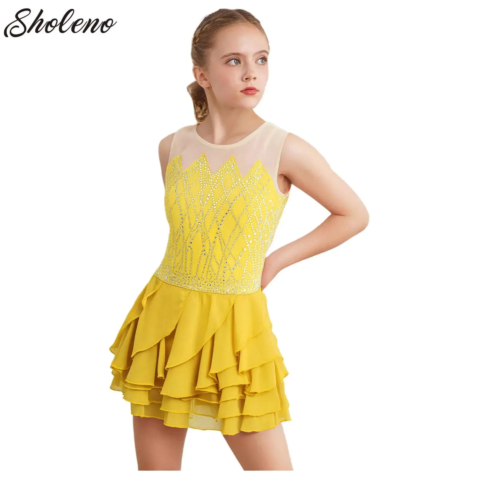 Kids Girls Ballet Dance Tiered Skirts Dress Rhinestones Gymnastics ...