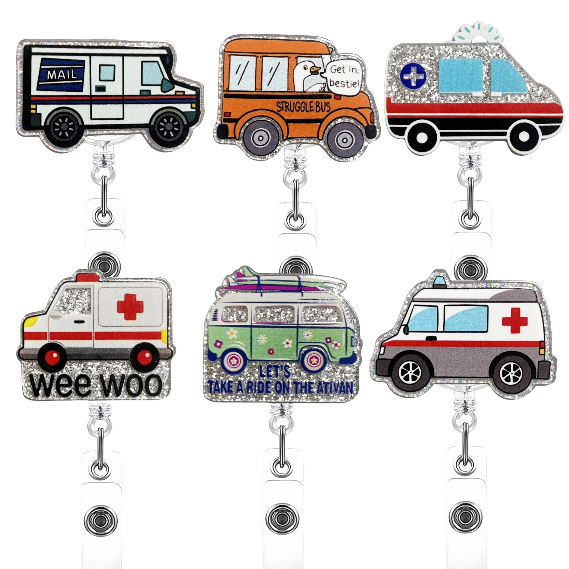 11 Colors Glitter Acrylic Ambulance & Car Badge Reel Retractable ID ...