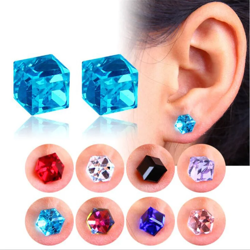 Non-Piercing Ear Stud Creative Magnet Square Crystal Ear Clip Magnetic ...