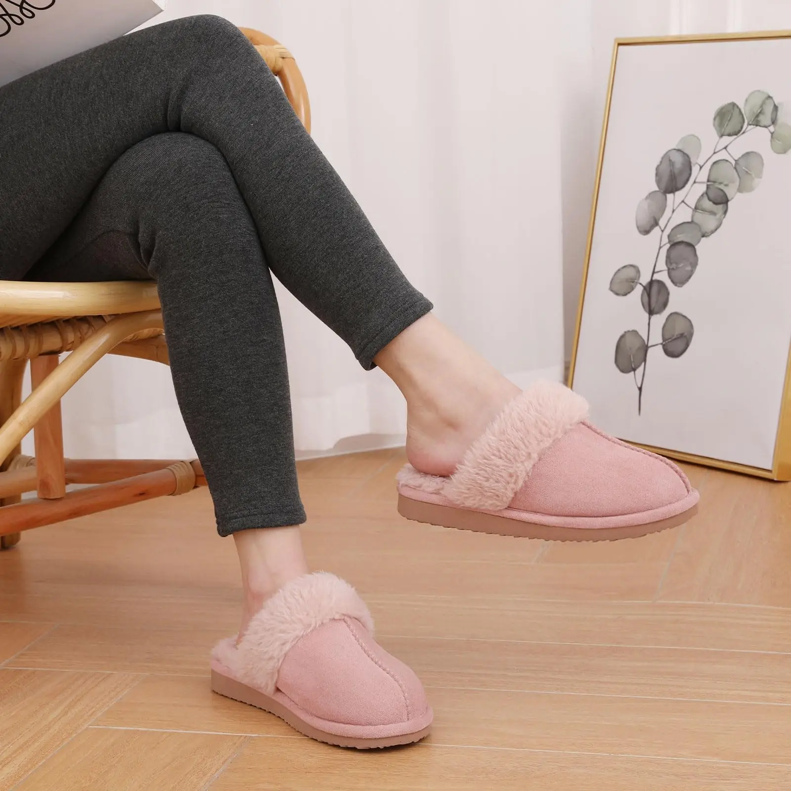 Evshine Winter Fur Fuzzy Slippers For Women Comfy Memory Foam Cotton ...