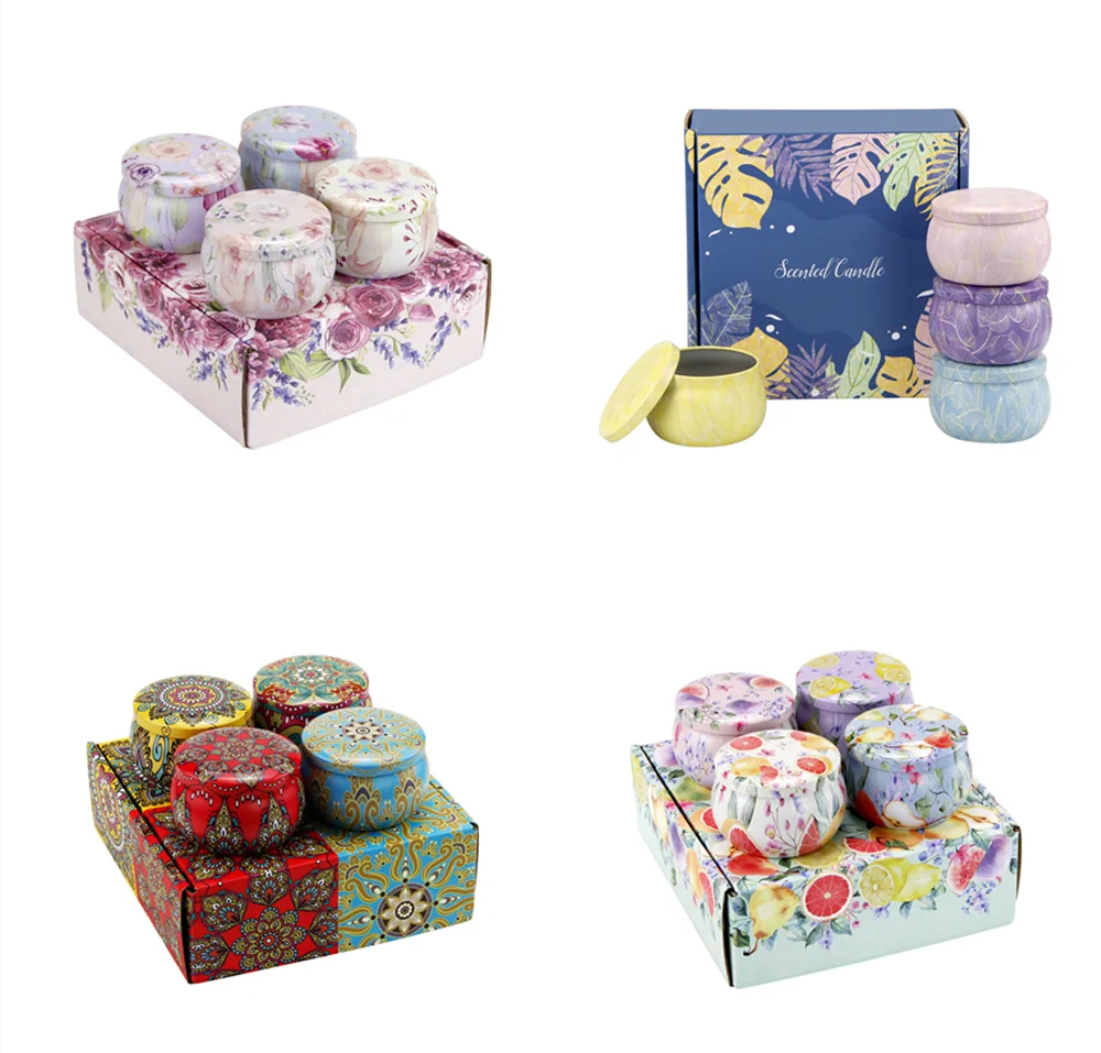 4pcs Elegant Flower Tin Box DIY Candle Jar Balm Round Empty Iron Box ...